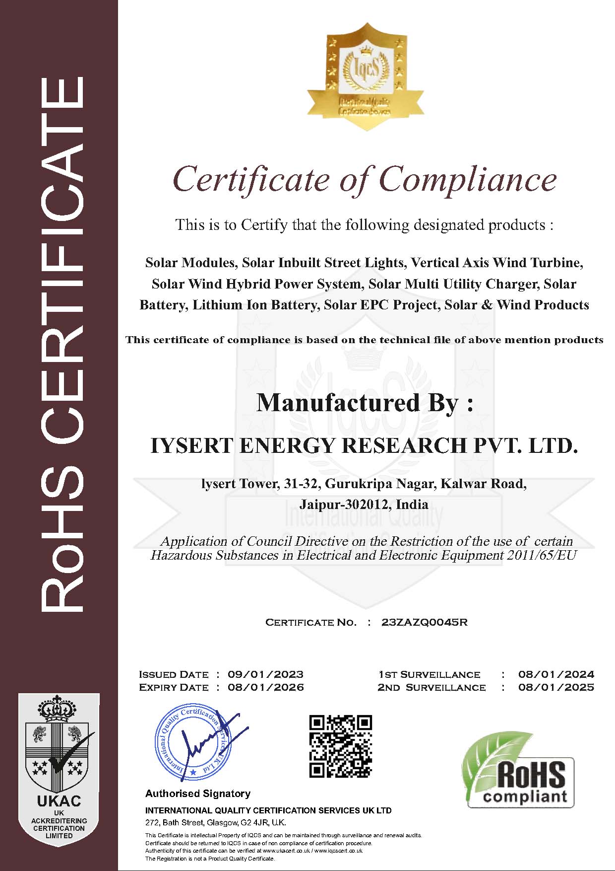 CERTIFICATES | IYSERT ENERGY | INTEGRATED New Solar Light IN INDIA ...